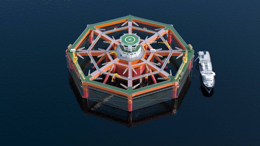 Ocean Farm 1, the giant 110-meter diameter salmon raising cage