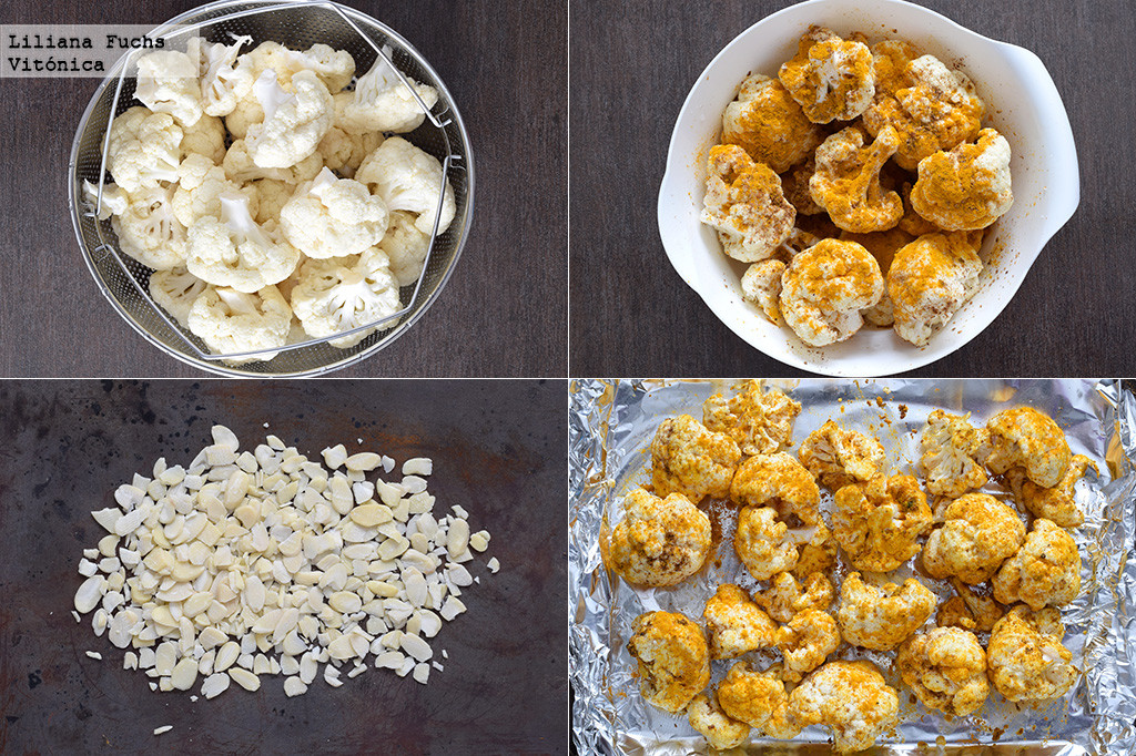 Coliflor asada con especias, almendras y salsa de yogur. Receta saludable