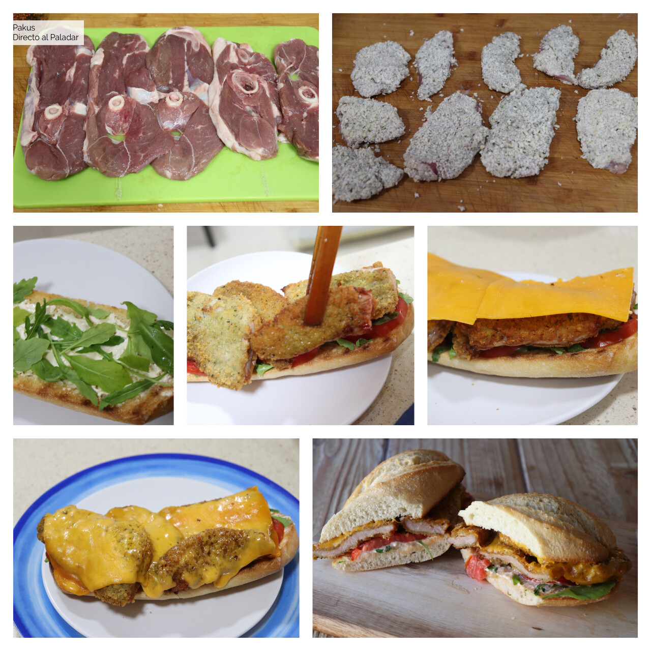 Bocadillo de filetes de pierna de cordero empanados con rúcula tomate y ...