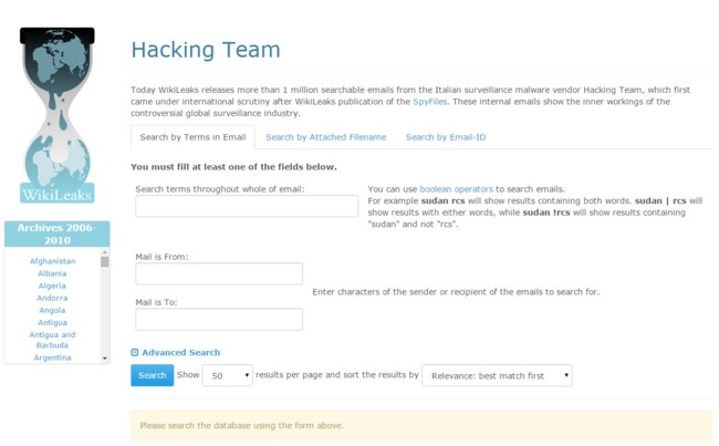 WikiLeaks ofrece un buscador para cotillear en los correos electrónicos de HackingTeam