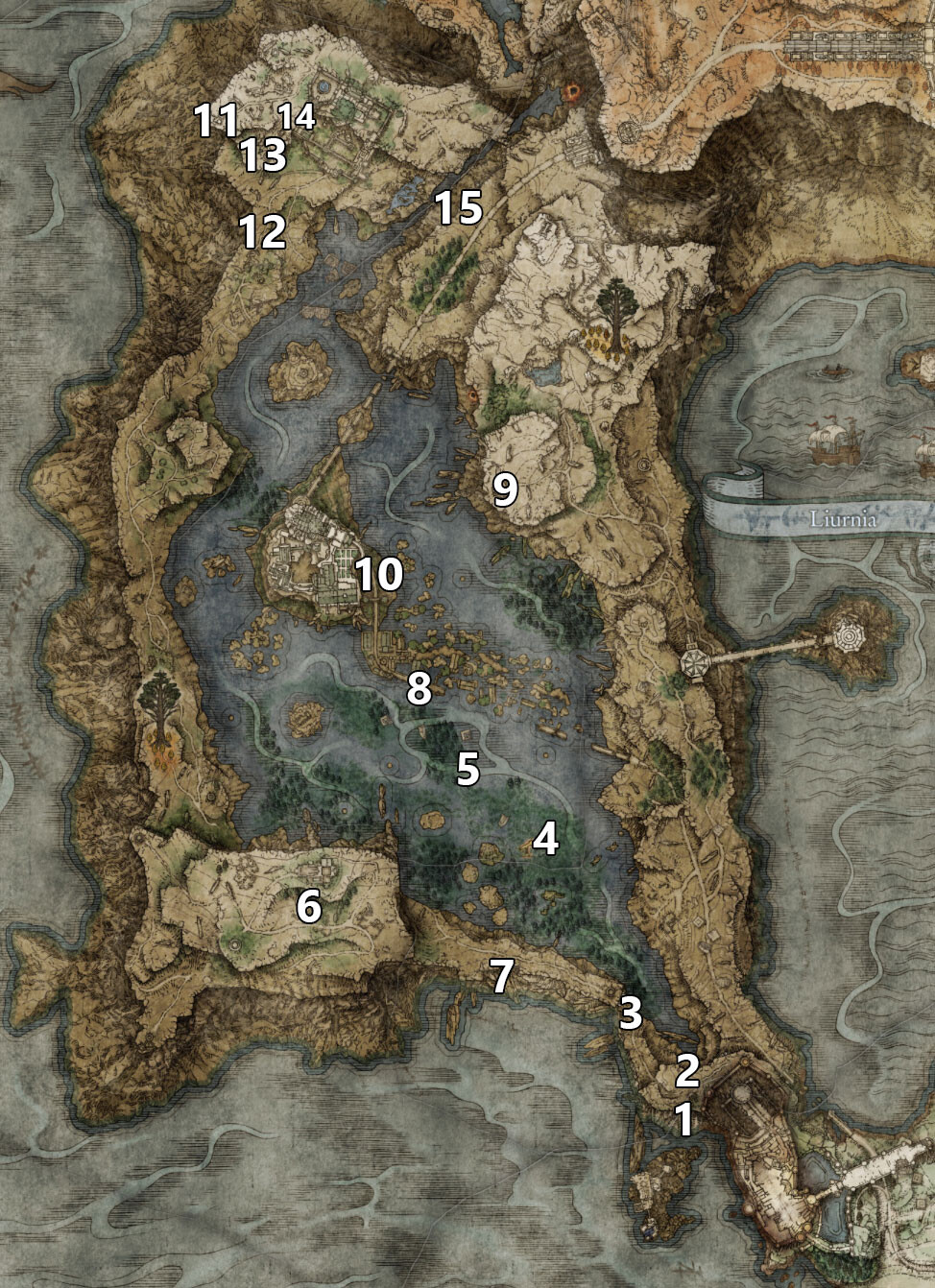 Mapa con todos los NPC de Liurna de los lagos en Elden Ring