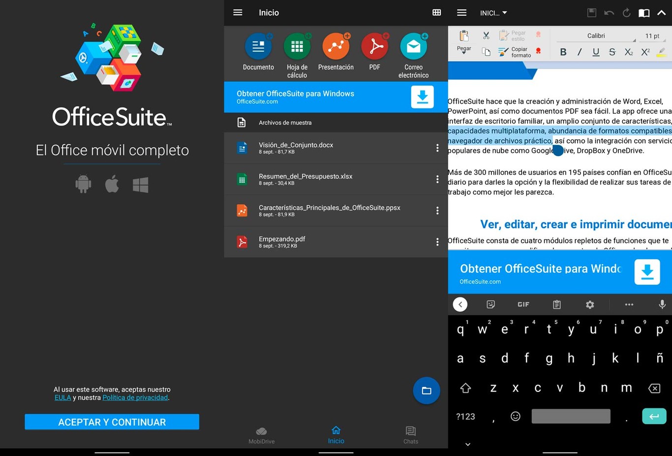 Open Office no está en Android, pero tienes muy buenas alternativas ...