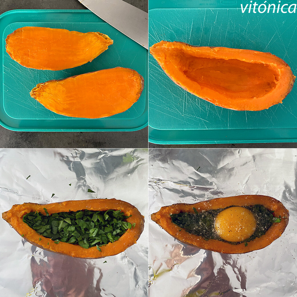 Boniato o batata al horno relleno con huevo y espinacas: receta ...