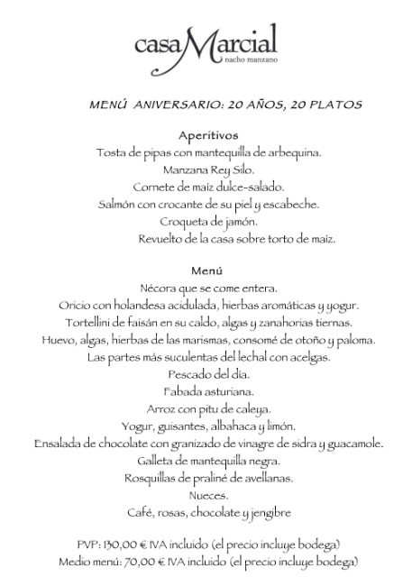 Nacho Manzano celebra los veinte años de Casa Marcial con un menú especial