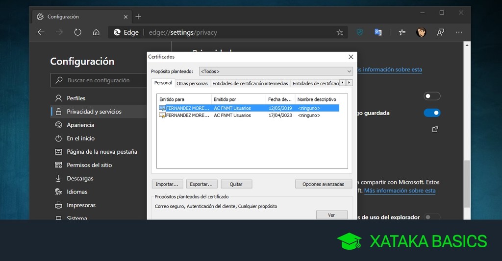 Cómo importar y exportar un certificado digital en Microsoft Edge