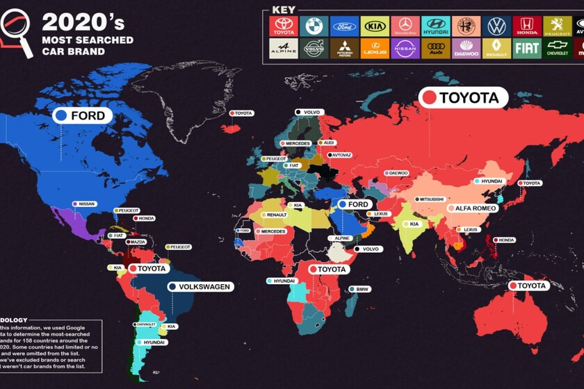 Este es el mapa de las marcas de coches más buscadas en 2020, por países
