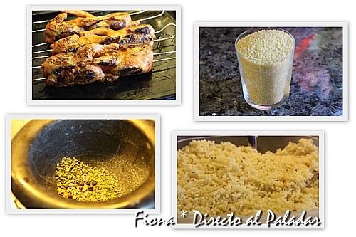 Codornices marinadas en brocheta con cous cous especiado. Receta