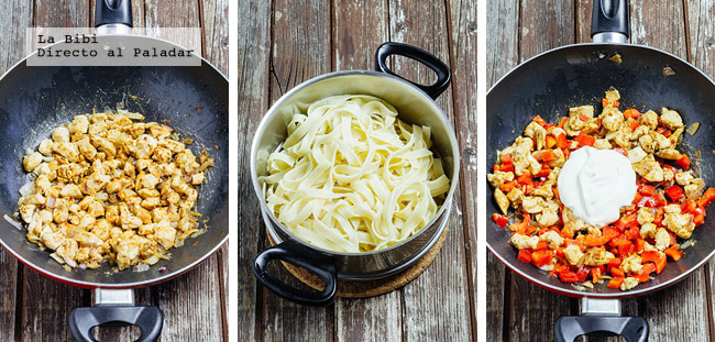 Pasta con pollo al comino. Receta