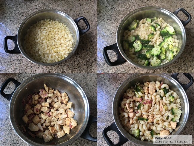 Coditos con pollo, brócoli y tocino al chipotle. Receta