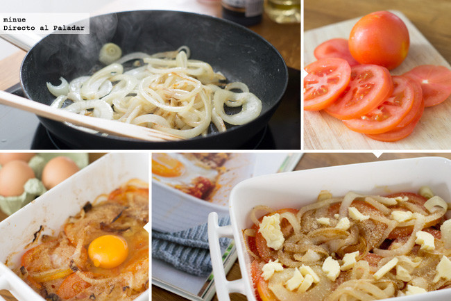 Tomates y cebolla al horno con huevo, receta de cocina fácil, sencilla ...