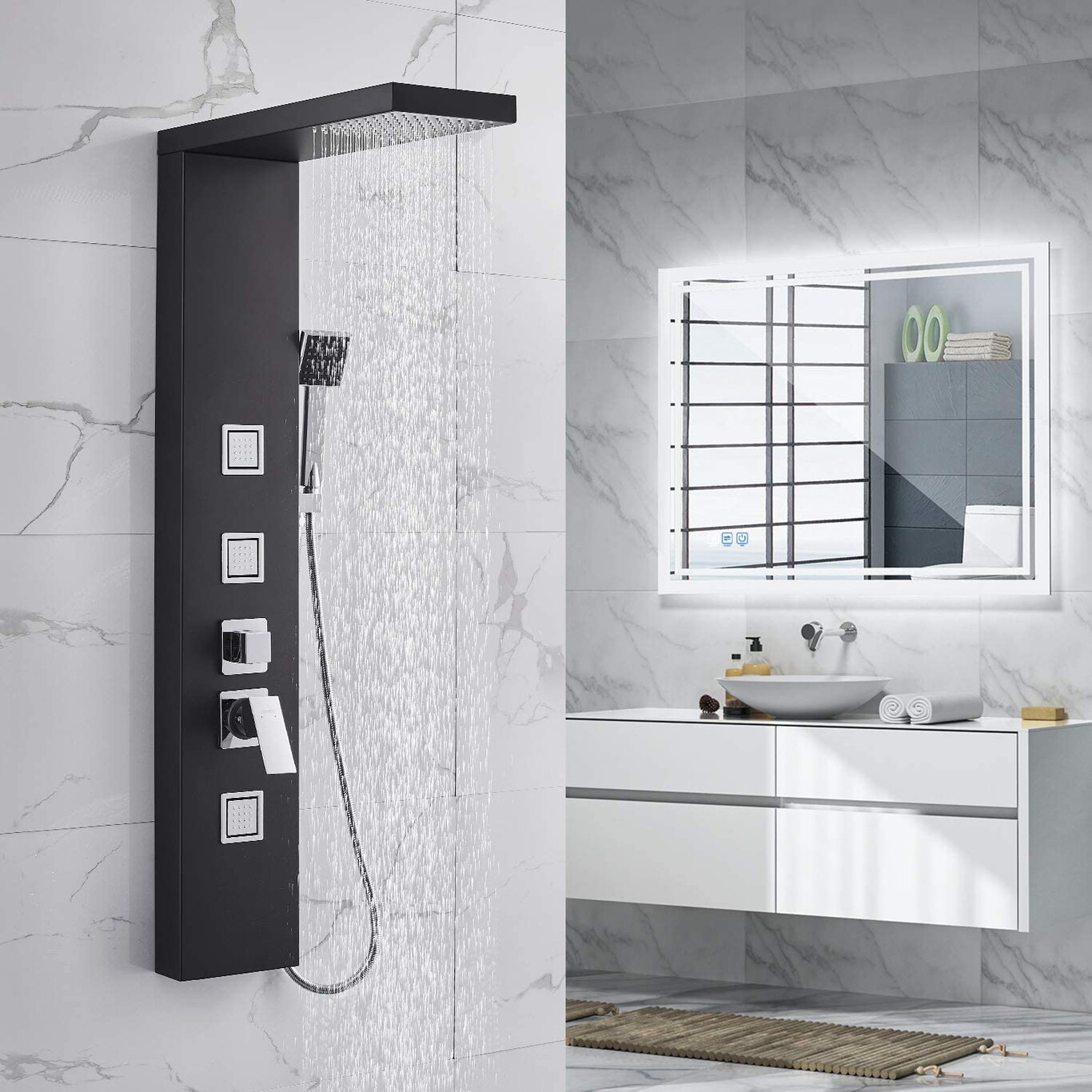 Mamparas y columnas de ducha en negro para conseguir un baño de película