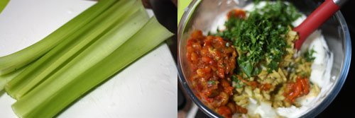 Apio con top de queso y aceitunas. Receta