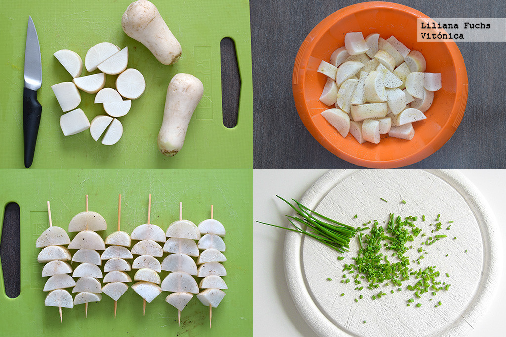 Brochetas de nabo a la parrilla con aceite de cebollino