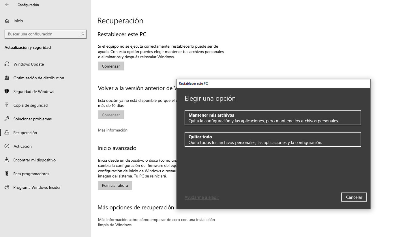 Restaurar Windows 10 a su estado original sin formatear