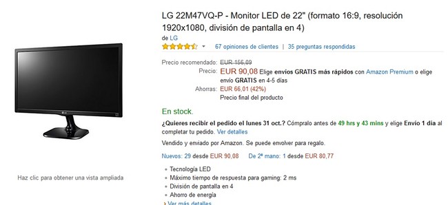 Monitor LED de 22 pulgadas LG 22M47VQ-P por 90,08 euros y envío gratis