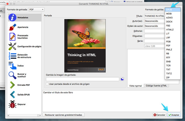 Cómo convertir PDF a EPUB, MOBI, AZW3, BbeB