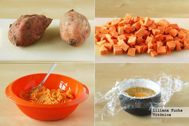 Puré de batata o boniato con huevo escalfado. Receta saludable