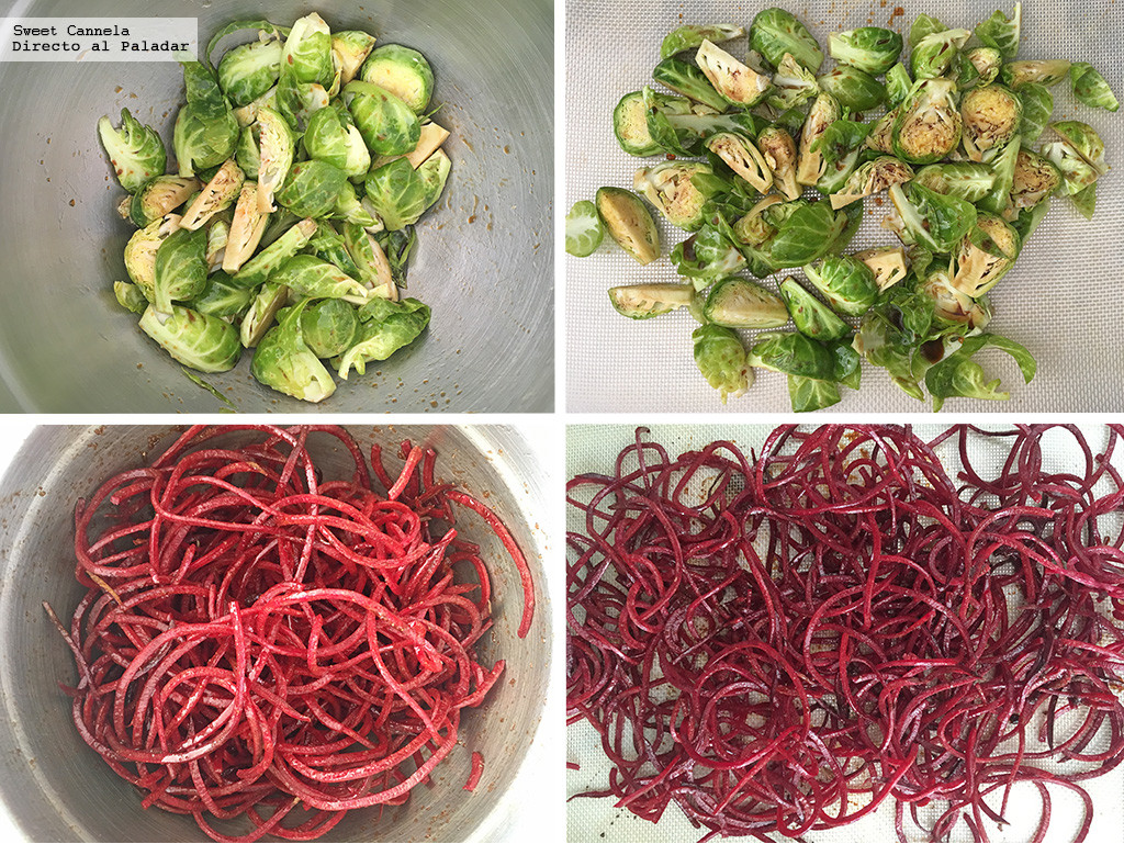 Espirales de betabel con coles de Bruselas. Receta de ensalada