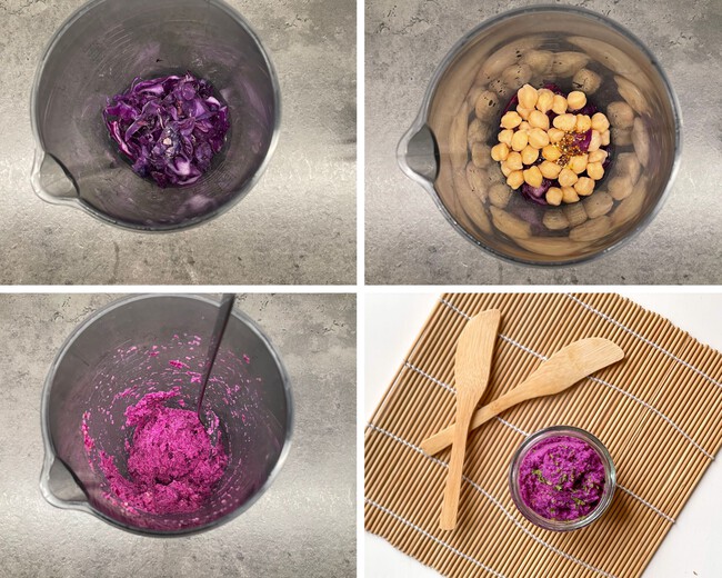 Hummus morado, una receta clásica de garbanzos con un agregado de col lombarda para un extra de ...