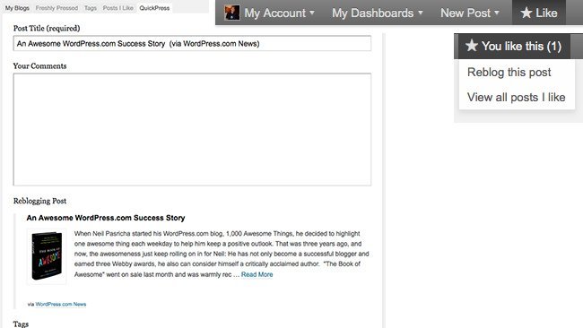 Wordpress incorpora su propia función de 'reblog'