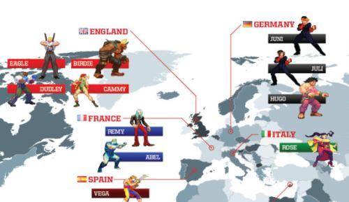 'Street Fighter'. Mapa con las localizaciones de sus luchadores