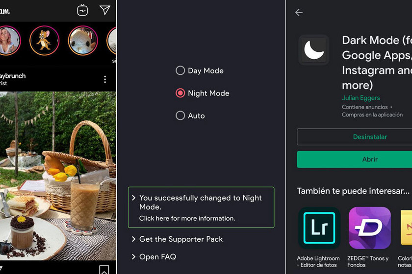 Con DarkMode puedes activar el modo oscuro en apps como Instagram si tu móvil no tiene la opción ...