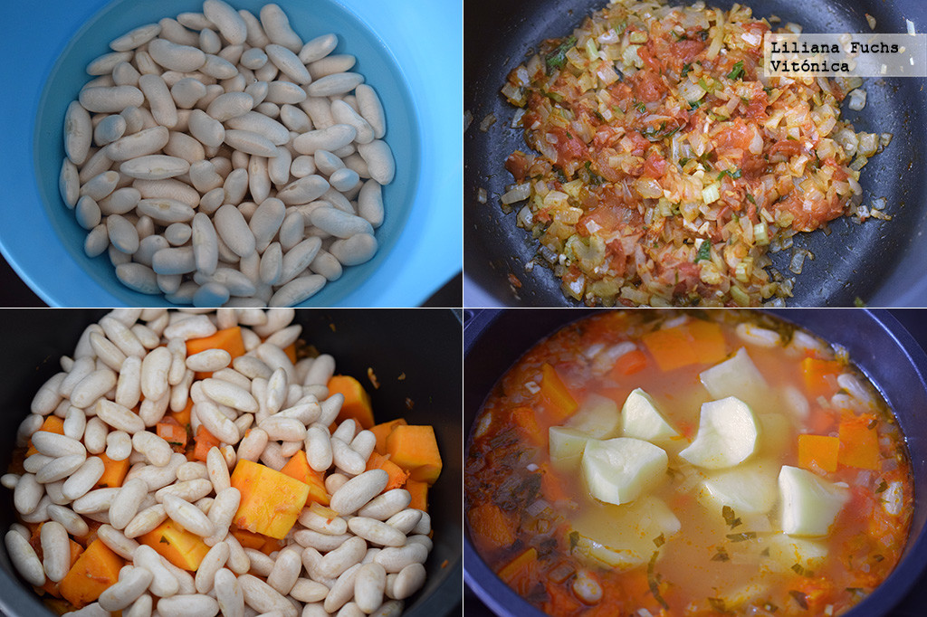 Alubias blancas guisadas con calabaza y patata. Receta de cocina fácil ...