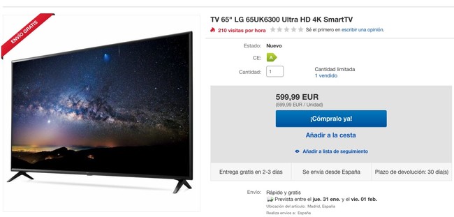Smart TV de 65 pulgadas LG 65UK6300, con resolución 4K, por 599,99 ...
