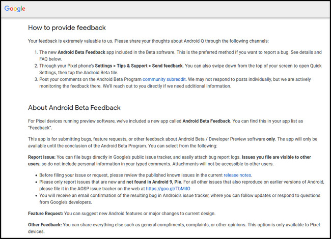 Google incluirá la aplicación Android Beta Feedback en la beta de Android Q para informar de errores