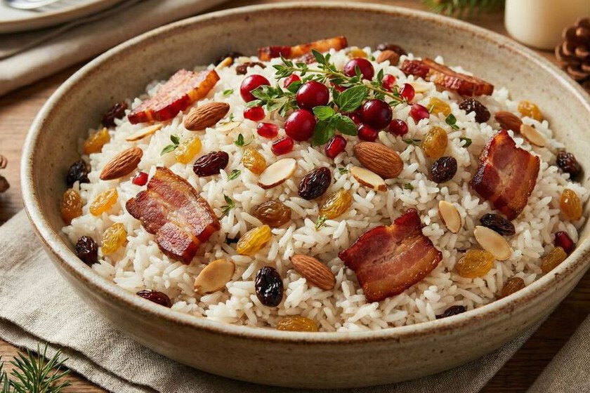 Arroz navideño con almendras y tocino: la guarnición fácil y deliciosa ...