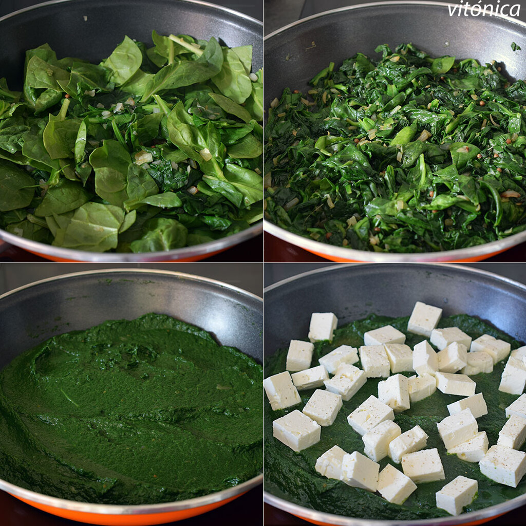Saag paneer o espinacas indias con queso feta, receta saludable vegetariana