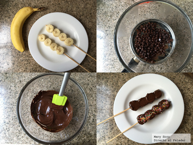 Brochetas de plátano cubiertas de chocolate. Receta
