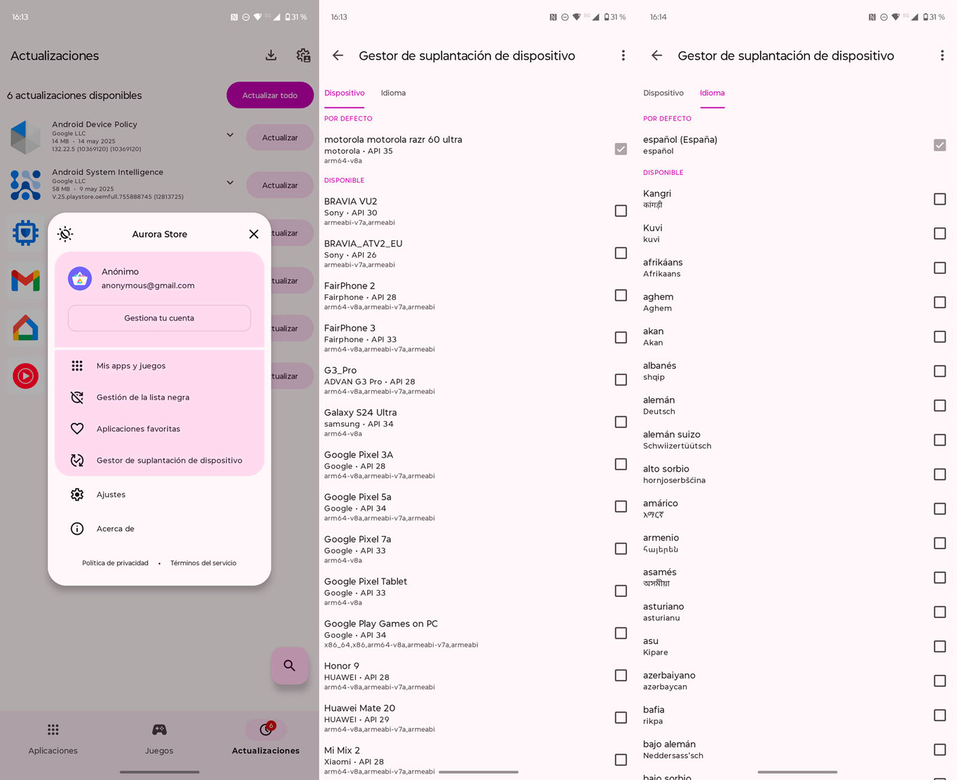 Es como Google Play pero sin los problemas de Google Play. Aurora Store hasta te deja simular ...