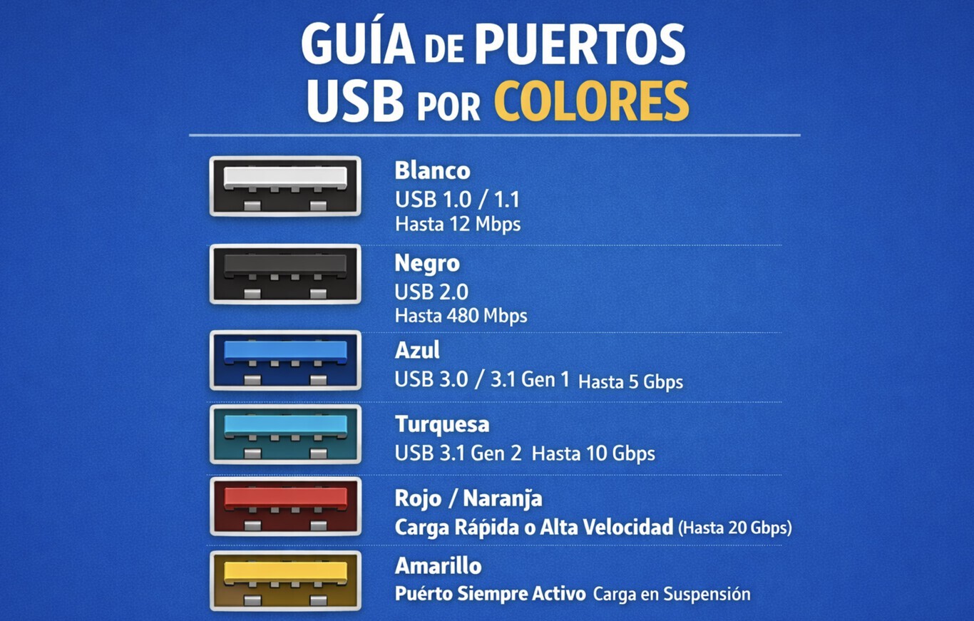 Colores USB: por qué son diferentes y qué potencia representa cada uno