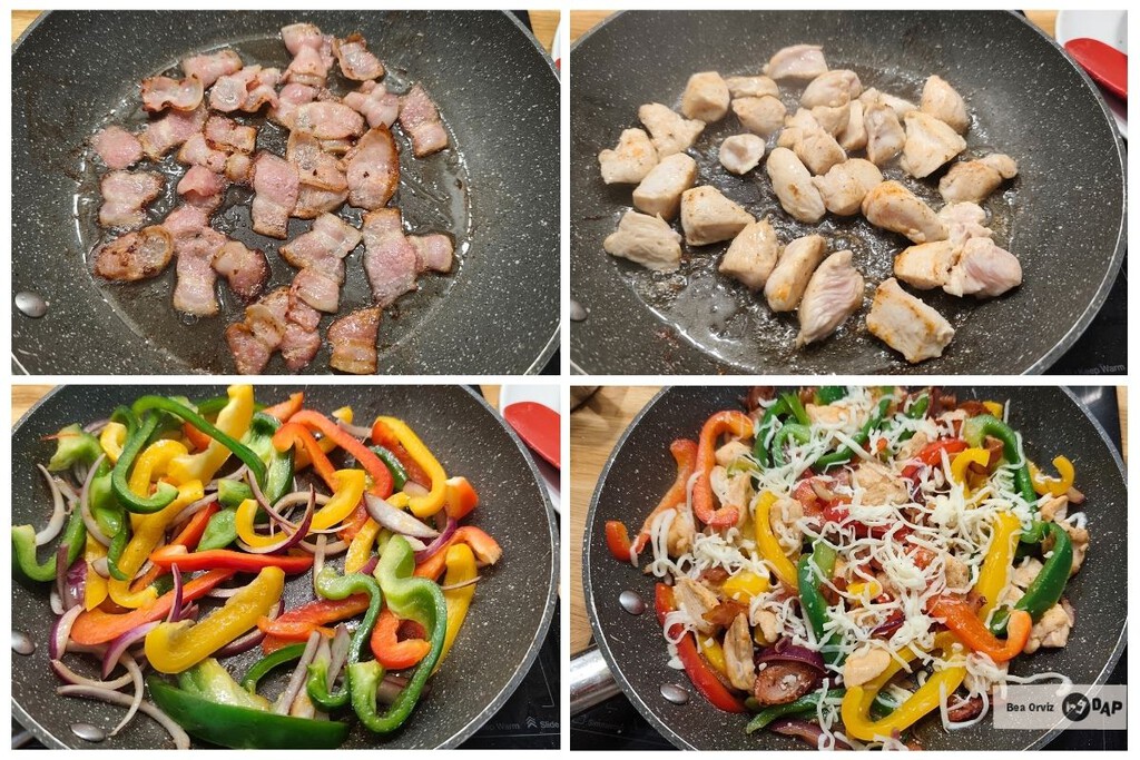 Receta de alambre de pollo con bacon, pimientos y queso para tacos caseros