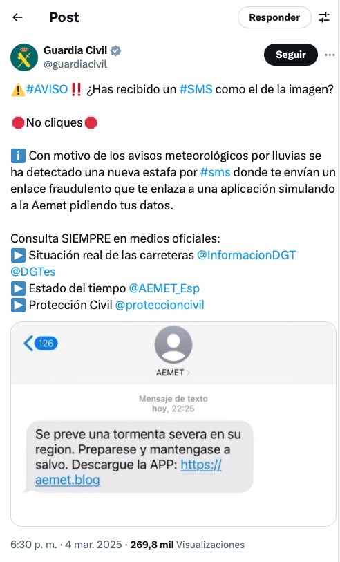 La Guardia Civil alerta del SMS fraudulento que avisa de una tormenta. No es un mensaje real de ...
