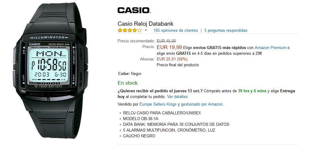 Reloj Casio Databank por 19,99 euros en Amazon