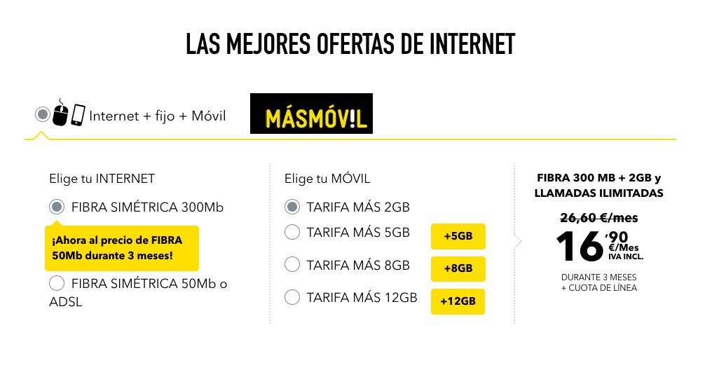 Internet, fijo y móvil por sólo 36,89 euros al mes con Másmóvil