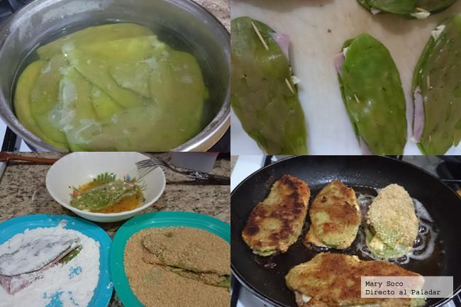 Nopales rellenos de jamón y queso. Receta