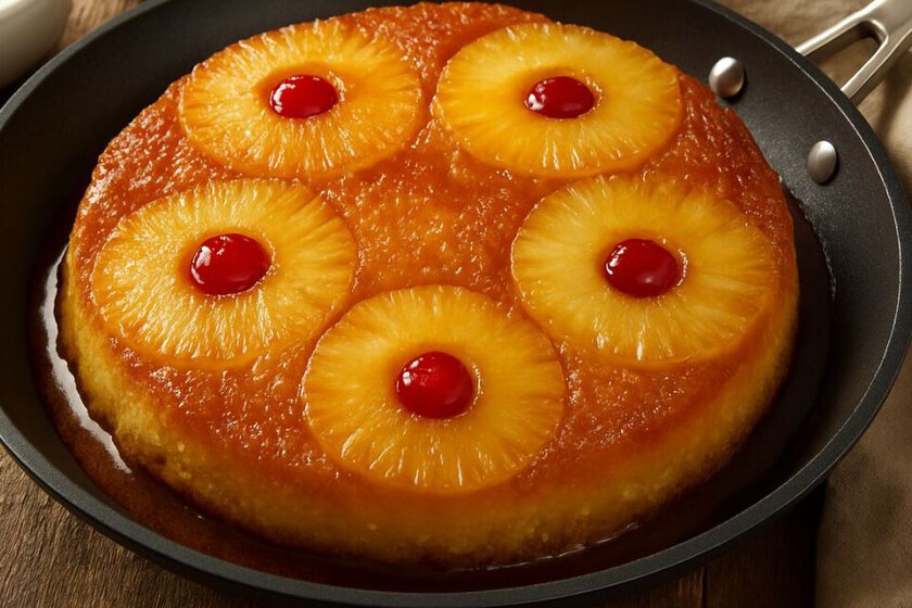 Pastel volteado de piña en sartén: prepáralo con harina para hot cakes ...