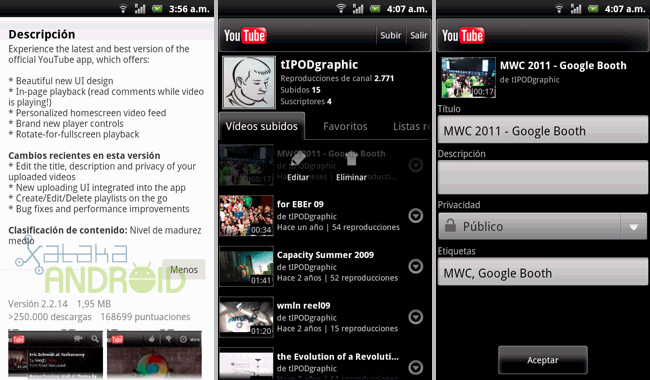 Actualización de la aplicación de YouTube para Android