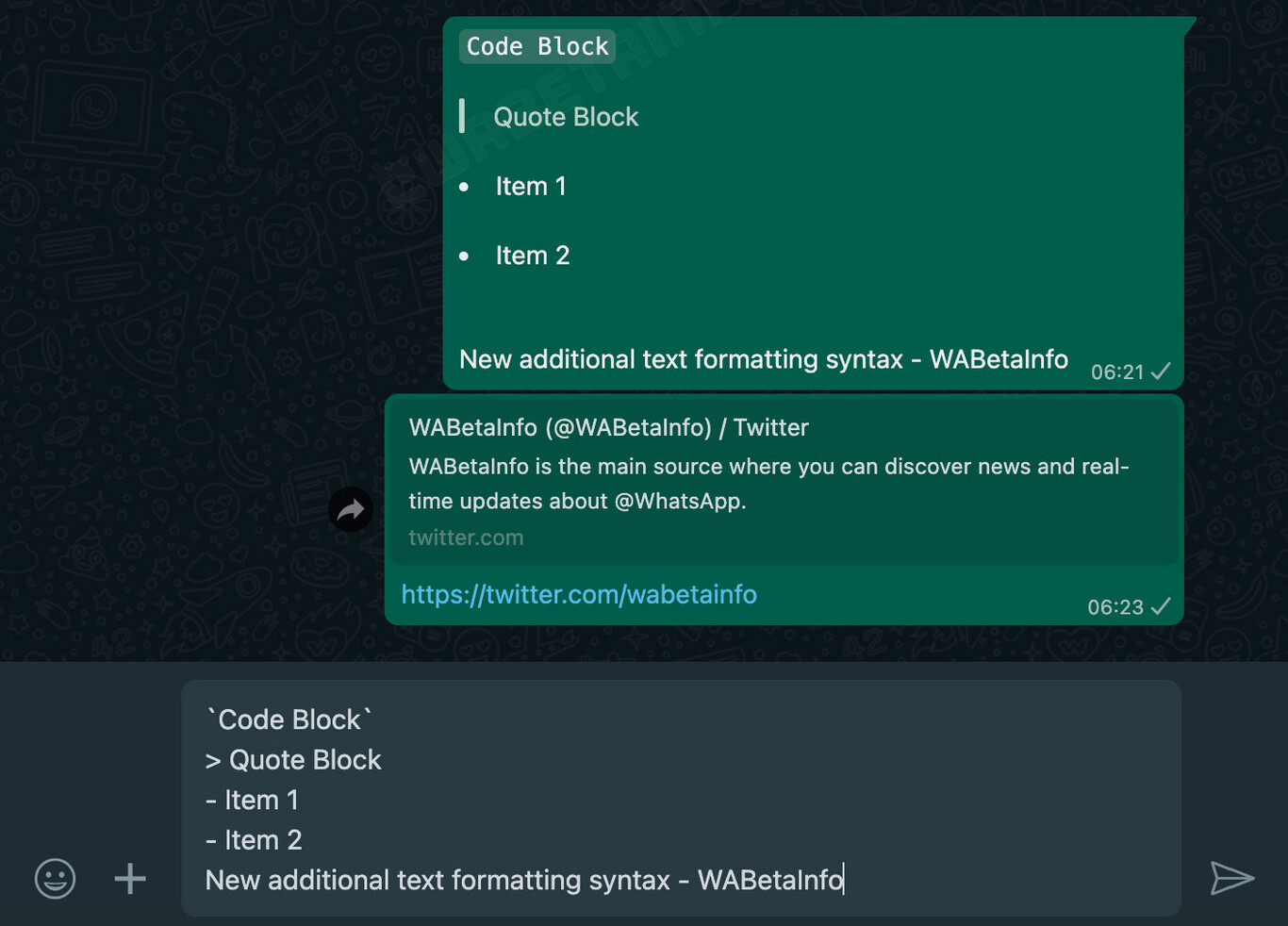 WhatsApp prepara tres formatos de texto adicionales: listas, bloques de código y citas